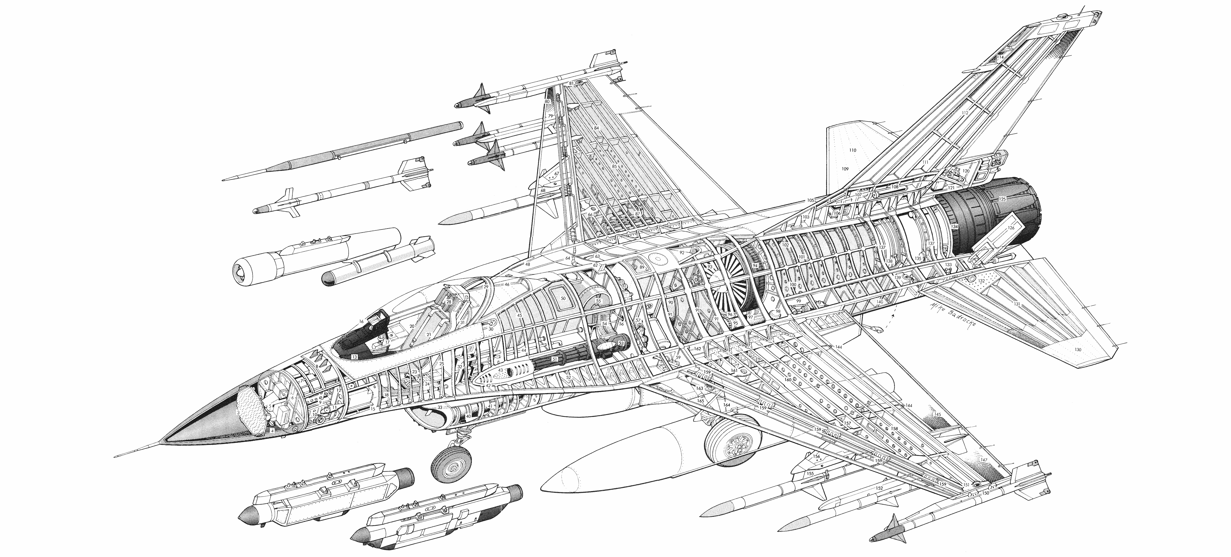 General Dynamics F 16 Fighting Falcon Cutaway Drawing In High Quality